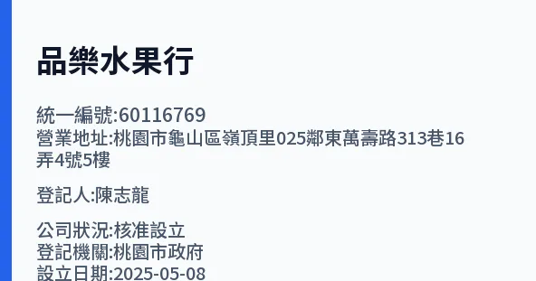 品樂水果行的照片-統編 60116769(桃園市) 公司登記資料與營業項目詳細圖表