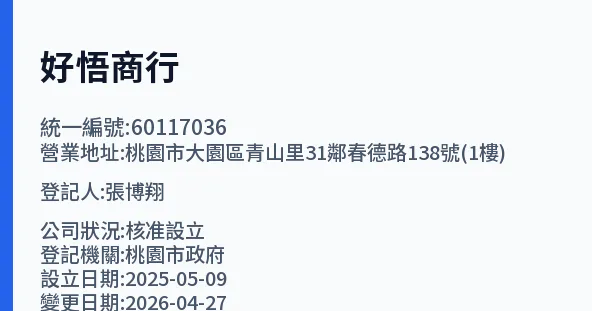 好悟商行的照片-統編 60117036(桃園市) 公司登記資料與營業項目詳細圖表