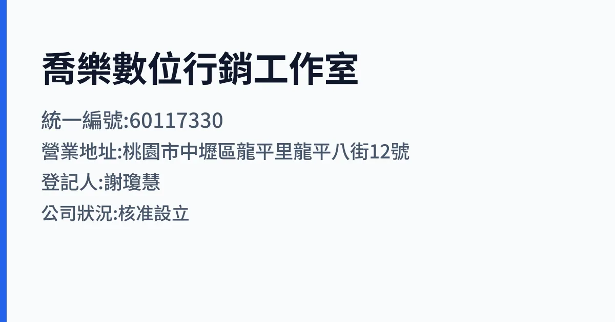喬樂數位行銷工作室 - 統編 60117330(桃園市) 公司登記資料與營業項目詳細圖表