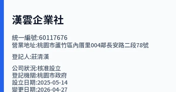 漢雲企業社的照片-統編 60117676(桃園市) 公司登記資料與營業項目詳細圖表