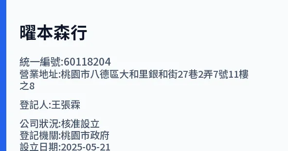 曜本森行的照片-統編 60118204(桃園市) 公司登記資料與營業項目詳細圖表