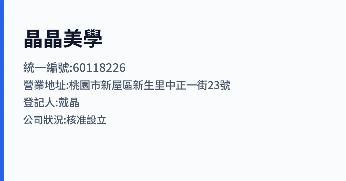 晶晶美學 - 統編 60118226(桃園市) 公司登記資料與營業項目詳細圖表