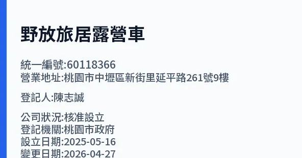 野放旅居露營車的照片-統編 60118366(桃園市) 公司登記資料與營業項目詳細圖表