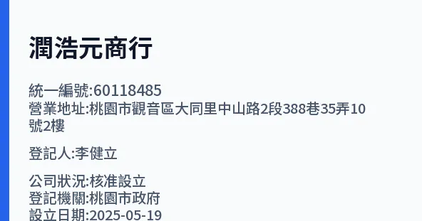 潤浩元商行的照片-統編 60118485(桃園市) 公司登記資料與營業項目詳細圖表