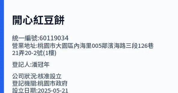 開心紅豆餅的照片-統編 60119034(桃園市) 公司登記資料與營業項目詳細圖表