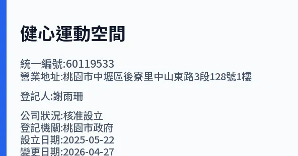健心運動空間的照片-統編 60119533(桃園市) 公司登記資料與營業項目詳細圖表