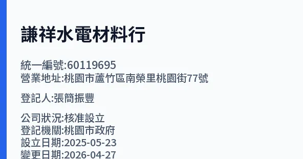 謙祥水電材料行的照片-統編 60119695(桃園市) 公司登記資料與營業項目詳細圖表