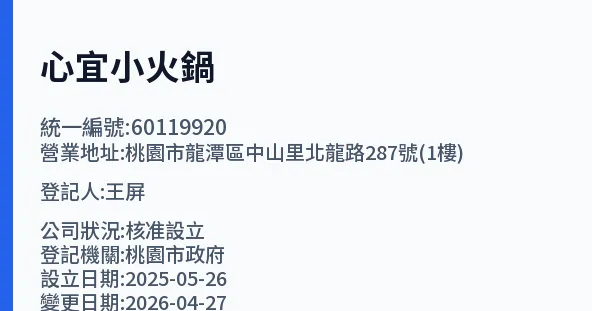 心宜小火鍋的照片-統編 60119920(桃園市) 公司登記資料與營業項目詳細圖表