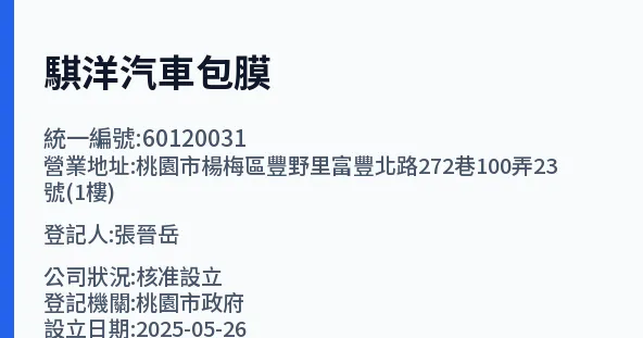 騏洋汽車包膜的照片-統編 60120031(桃園市) 公司登記資料與營業項目詳細圖表