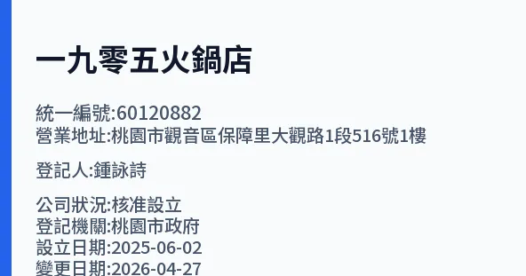 一九零五火鍋店的照片-統編 60120882(桃園市) 公司登記資料與營業項目詳細圖表