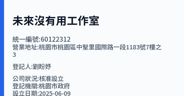 未來沒有用工作室的照片-統編 60122312(桃園市) 公司登記資料與營業項目詳細圖表