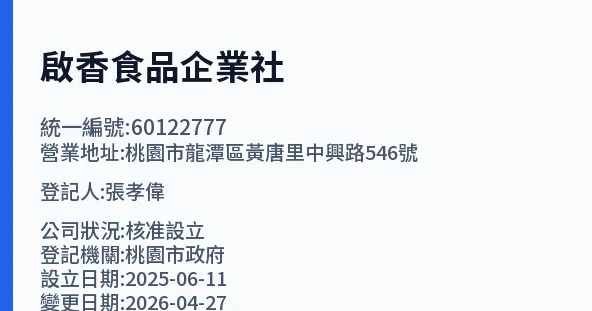 啟香食品企業社的照片-統編 60122777(桃園市) 公司登記資料與營業項目詳細圖表
