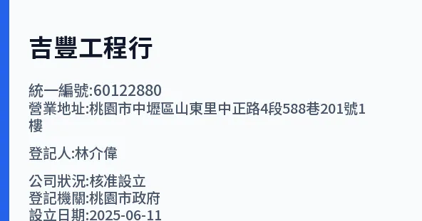 吉豐工程行的照片-統編 60122880(桃園市) 公司登記資料與營業項目詳細圖表