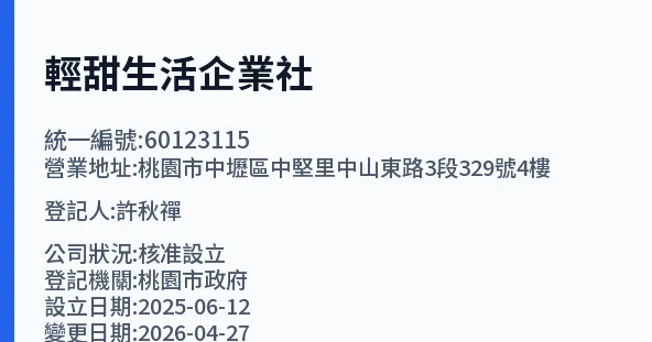 輕甜生活企業社的照片-統編 60123115(桃園市) 公司登記資料與營業項目詳細圖表
