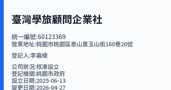 臺灣學旅顧問企業社的照片-統編 60123369(桃園市) 公司登記資料與營業項目詳細圖表