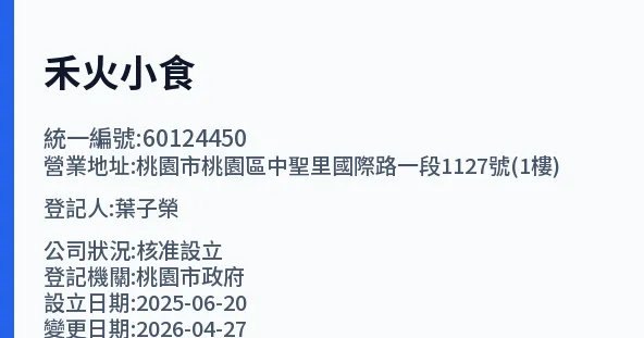 禾火小食的照片-統編 60124450(桃園市) 公司登記資料與營業項目詳細圖表
