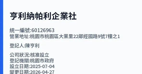 亨利納帕利企業社的照片-統編 60126963(桃園市) 公司登記資料與營業項目詳細圖表