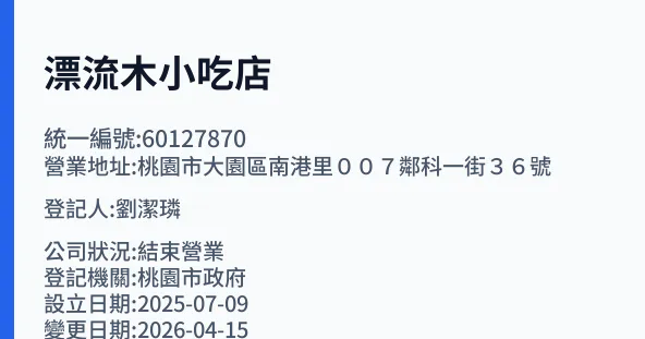 漂流木小吃店的照片-統編 60127870(桃園市) 公司登記資料與營業項目詳細圖表