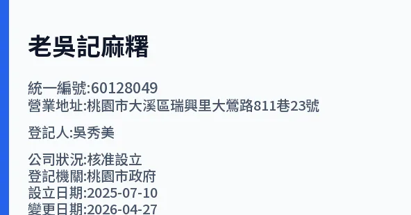 老吳記麻糬的照片-統編 60128049(桃園市) 公司登記資料與營業項目詳細圖表