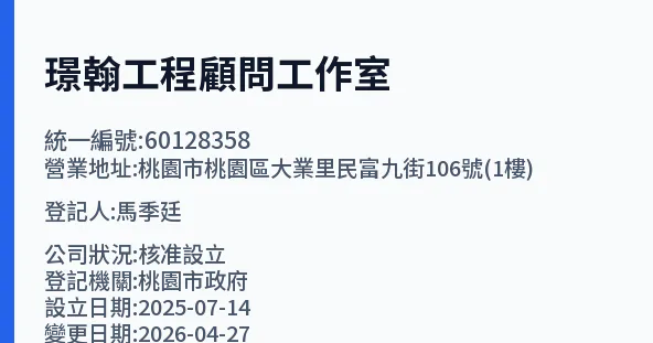璟翰工程顧問工作室的照片-統編 60128358(桃園市) 公司登記資料與營業項目詳細圖表