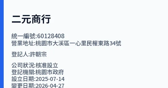 二元商行的照片-統編 60128408(桃園市) 公司登記資料與營業項目詳細圖表