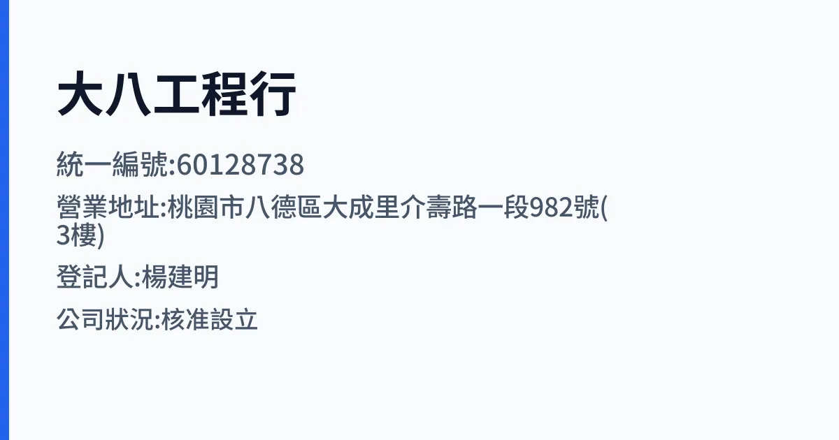 大八工程行 - 統編 60128738(桃園市) 公司登記資料與營業項目詳細圖表