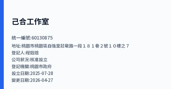 己合工作室的照片-統編 60130875(桃園市) 公司登記資料與營業項目詳細圖表