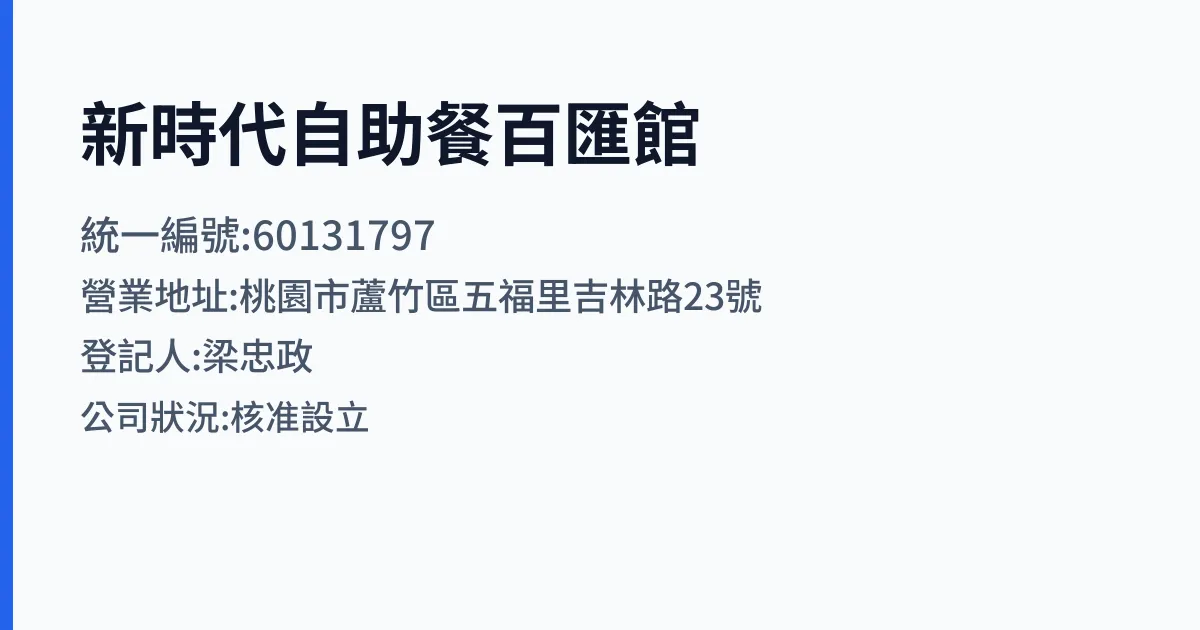 新時代自助餐百匯館 - 統編 60131797(桃園市) 公司登記資料與營業項目詳細圖表
