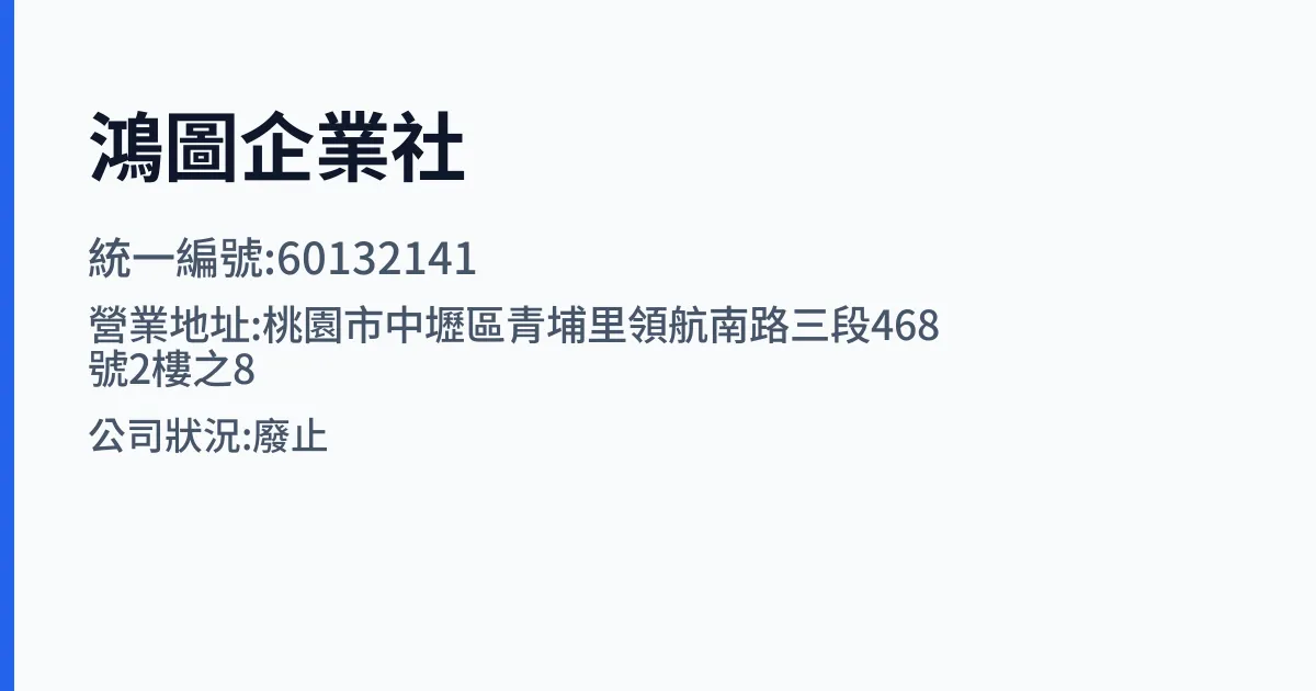 鴻圖企業社 - 統編 60132141(桃園市) 公司登記資料與營業項目詳細圖表