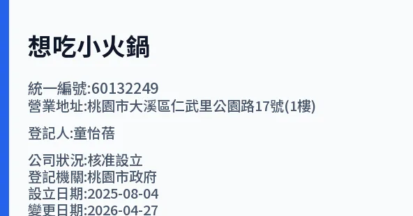 想吃小火鍋的照片-統編 60132249(桃園市) 公司登記資料與營業項目詳細圖表