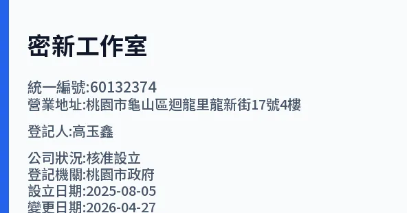 密新工作室的照片-統編 60132374(桃園市) 公司登記資料與營業項目詳細圖表
