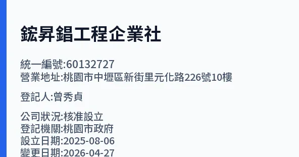 鋐昇錩工程企業社的照片-統編 60132727(桃園市) 公司登記資料與營業項目詳細圖表