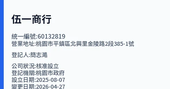伍一商行的照片-統編 60132819(桃園市) 公司登記資料與營業項目詳細圖表