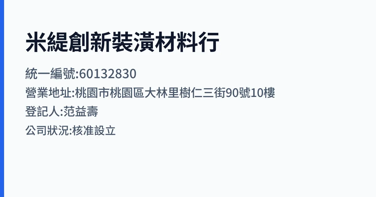 米緹創新裝潢材料行 - 統編 60132830(桃園市) 公司登記資料與營業項目詳細圖表