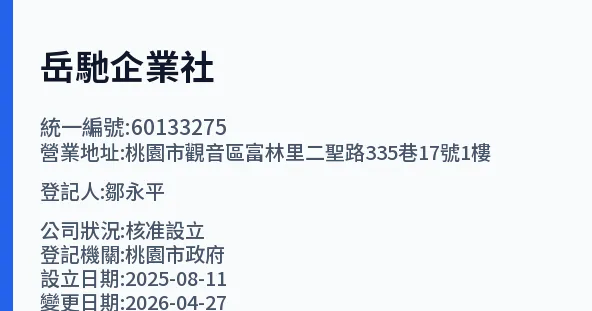 岳馳企業社的照片-統編 60133275(桃園市) 公司登記資料與營業項目詳細圖表
