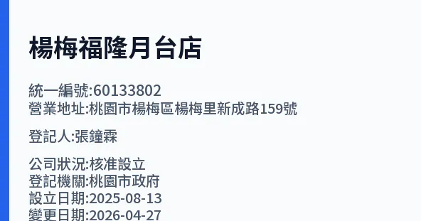 楊梅福隆月台店的照片-統編 60133802(桃園市) 公司登記資料與營業項目詳細圖表