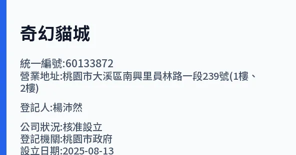 奇幻貓城的照片-統編 60133872(桃園市) 公司登記資料與營業項目詳細圖表