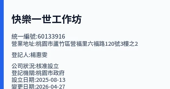 快樂一世工作坊的照片-統編 60133916(桃園市) 公司登記資料與營業項目詳細圖表