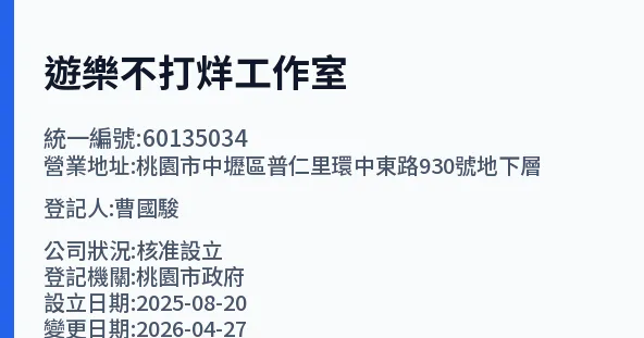 遊樂不打烊工作室的照片-統編 60135034(桃園市) 公司登記資料與營業項目詳細圖表