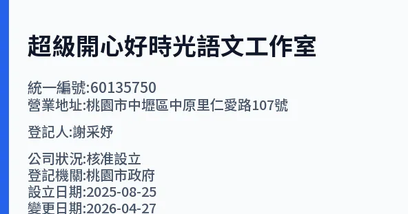 超級開心好時光語文工作室的照片-統編 60135750(桃園市) 公司登記資料與營業項目詳細圖表