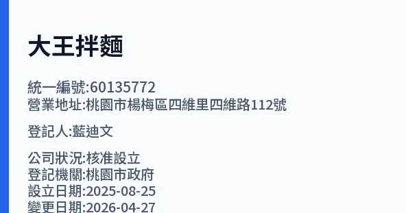 大王拌麵的照片-統編 60135772(桃園市) 公司登記資料與營業項目詳細圖表