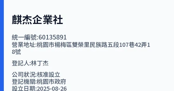 麒杰企業社的照片-統編 60135891(桃園市) 公司登記資料與營業項目詳細圖表