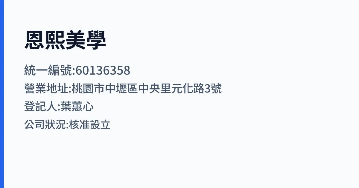 恩熙美學 - 統編 60136358(桃園市) 公司登記資料與營業項目詳細圖表