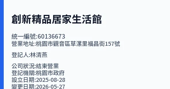 創新精品居家生活館的照片-統編 60136673(桃園市) 公司登記資料與營業項目詳細圖表