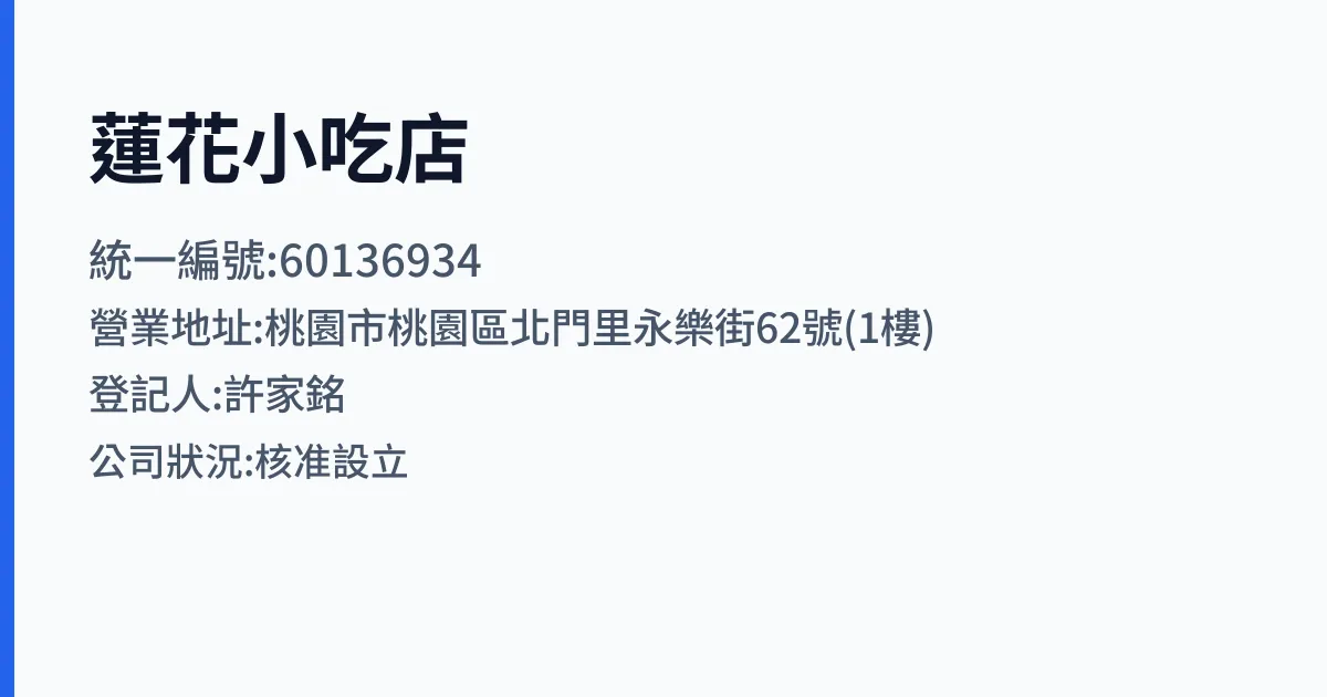 蓮花小吃店 - 統編 60136934(桃園市) 公司登記資料與營業項目詳細圖表