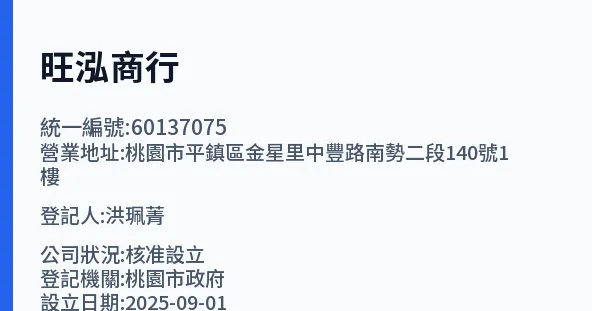 旺泓商行的照片-統編 60137075(桃園市) 公司登記資料與營業項目詳細圖表