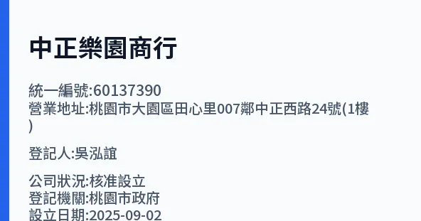 中正樂園商行的照片-統編 60137390(桃園市) 公司登記資料與營業項目詳細圖表