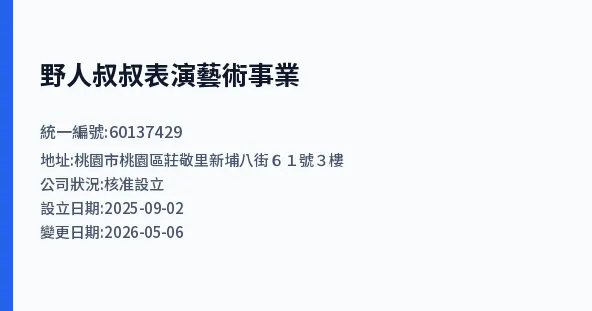 野人叔叔表演藝術事業的照片-統編 60137429(桃園市) 公司登記資料與營業項目詳細圖表