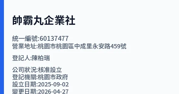 帥霸丸企業社的照片-統編 60137477(桃園市) 公司登記資料與營業項目詳細圖表
