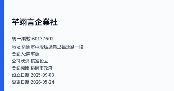 芊翊言企業社的照片-統編 60137602(桃園市) 公司登記資料與營業項目詳細圖表